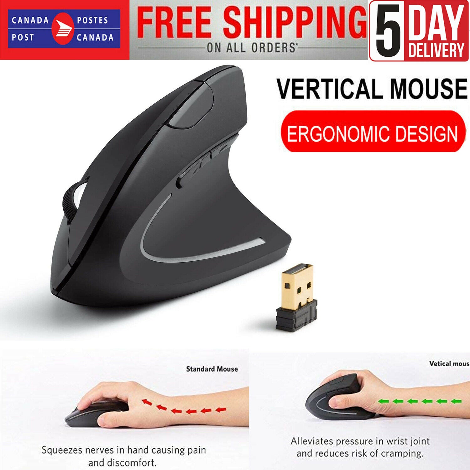 USB Wireless Mouse Vertical Ergonomic Working Charging Optical Gaming ...